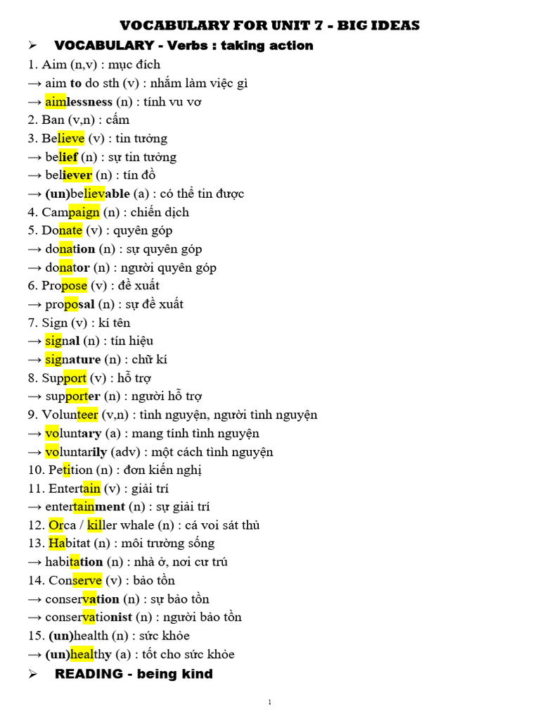 Vocabulary For Unit 7 | PDF