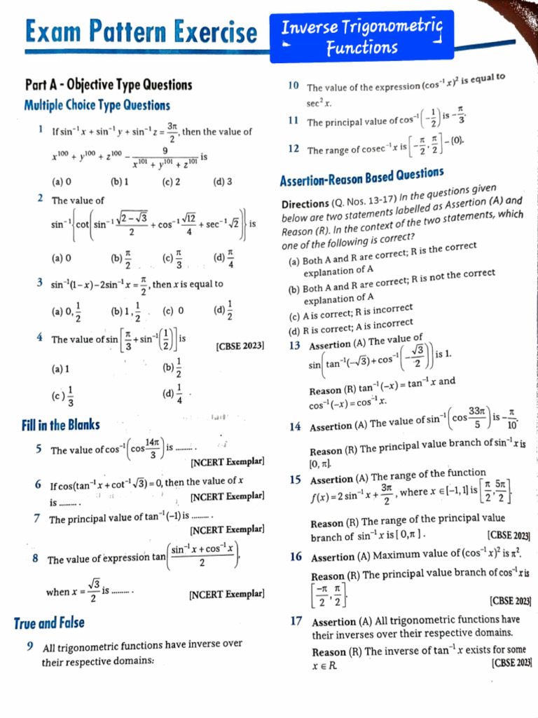 Xii-Inverse Trigonometric Functions (Practice Questions) | PDF