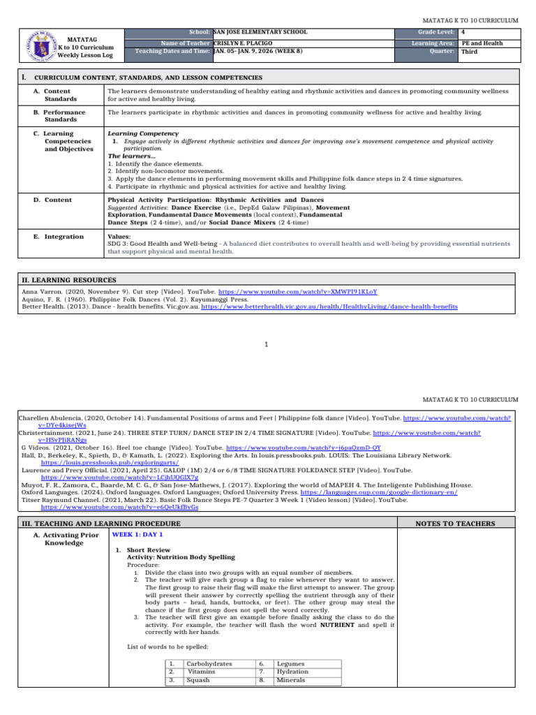 K-10 PE & Health Weekly Lesson Plan | PDF | Dances | Curriculum