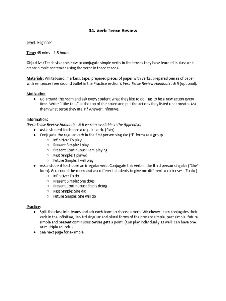 Beginner Verb Tense Review Activities | PDF | Grammatical Conjugation ...