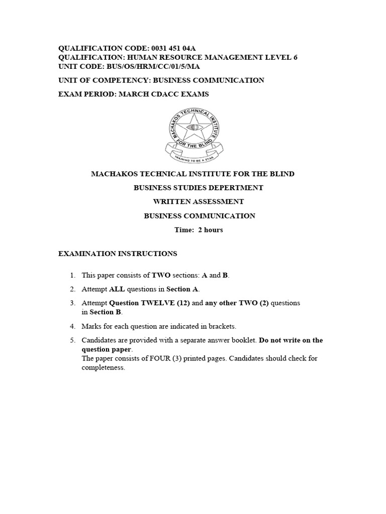 BUSINESS COMMUNICATION-MARCH CDACC EXAM REVISION PAPER | PDF | Tag ...