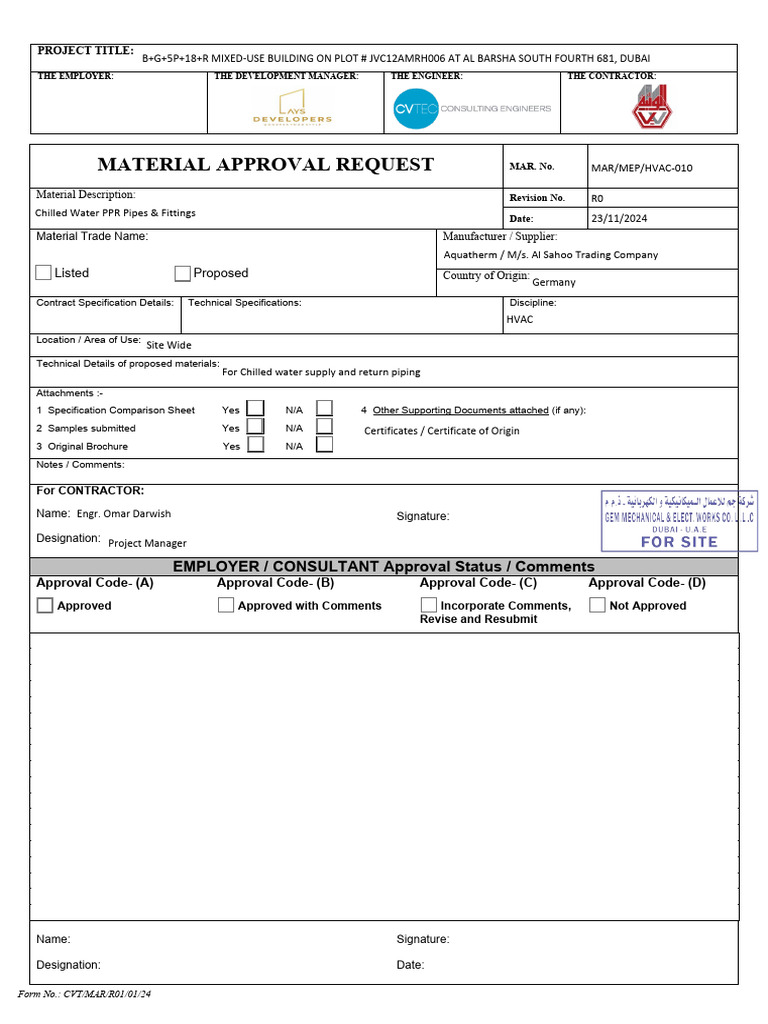 Material Approval Request for HVAC Pipes | PDF | Pipe (Fluid Conveyance ...