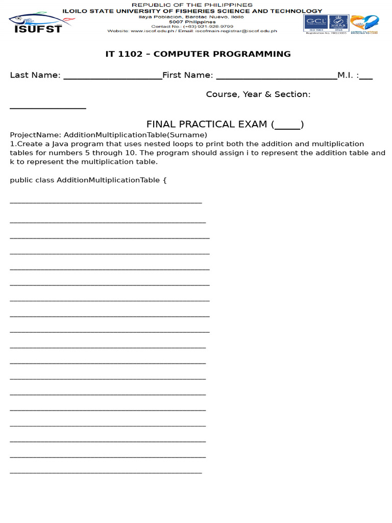 FINAL PRACTICAL EXAMAdditionMultipllicationTable | PDF