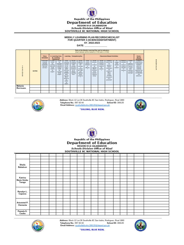 WLP Checklist and Record Mapeh | PDF | Education Theory | Cognitive Science