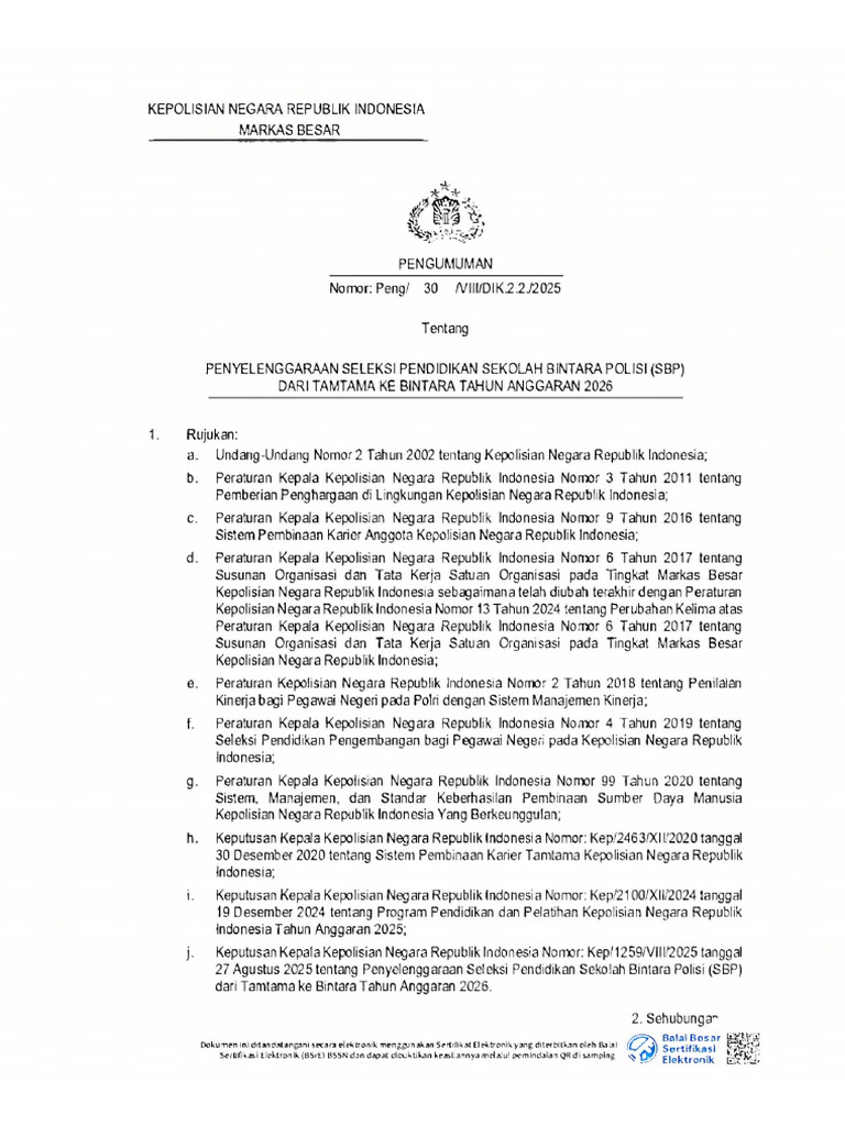 Pengumuman Seleksi SBP Dari Ta Ke Ba Ta | PDF
