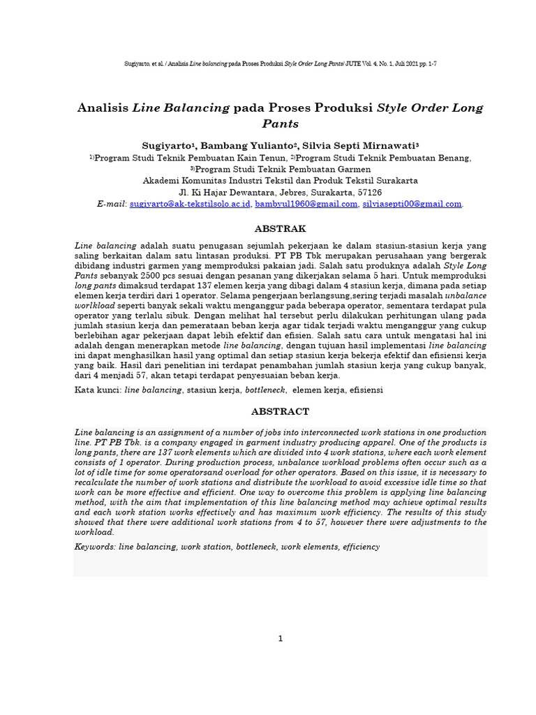 Analisis Pada Proses Produksi: Line Balancing Style Order Long Pants | PDF
