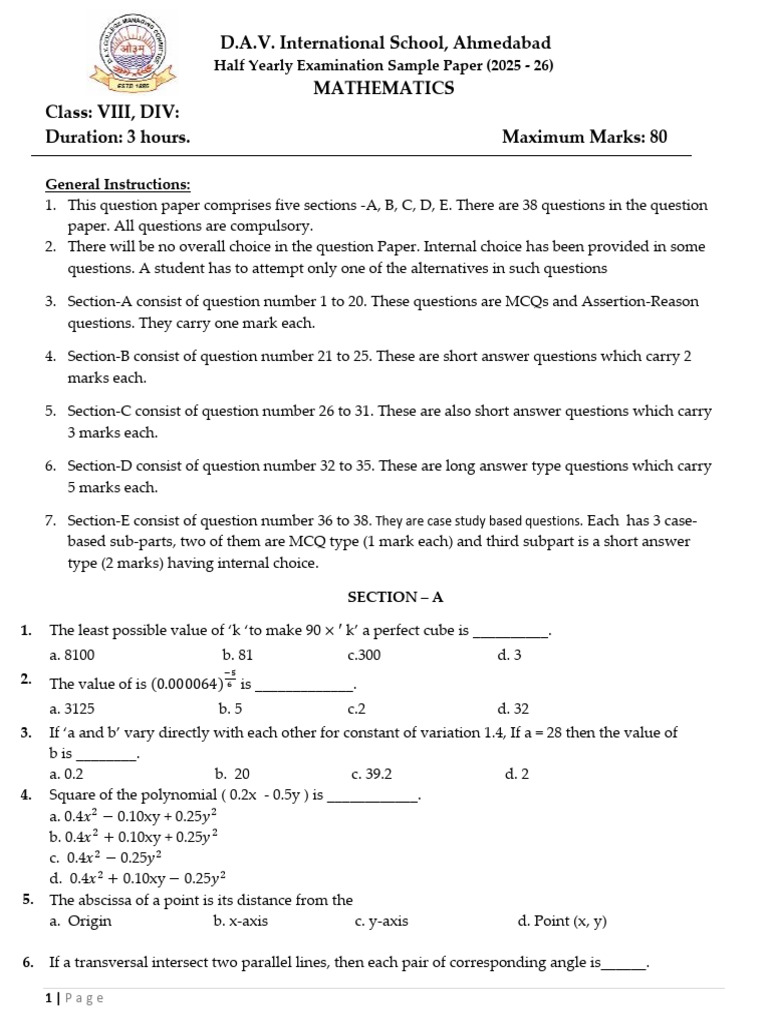 Class VIII Math Sample Paper 2025-26 | PDF | Geometry | Elementary Geometry