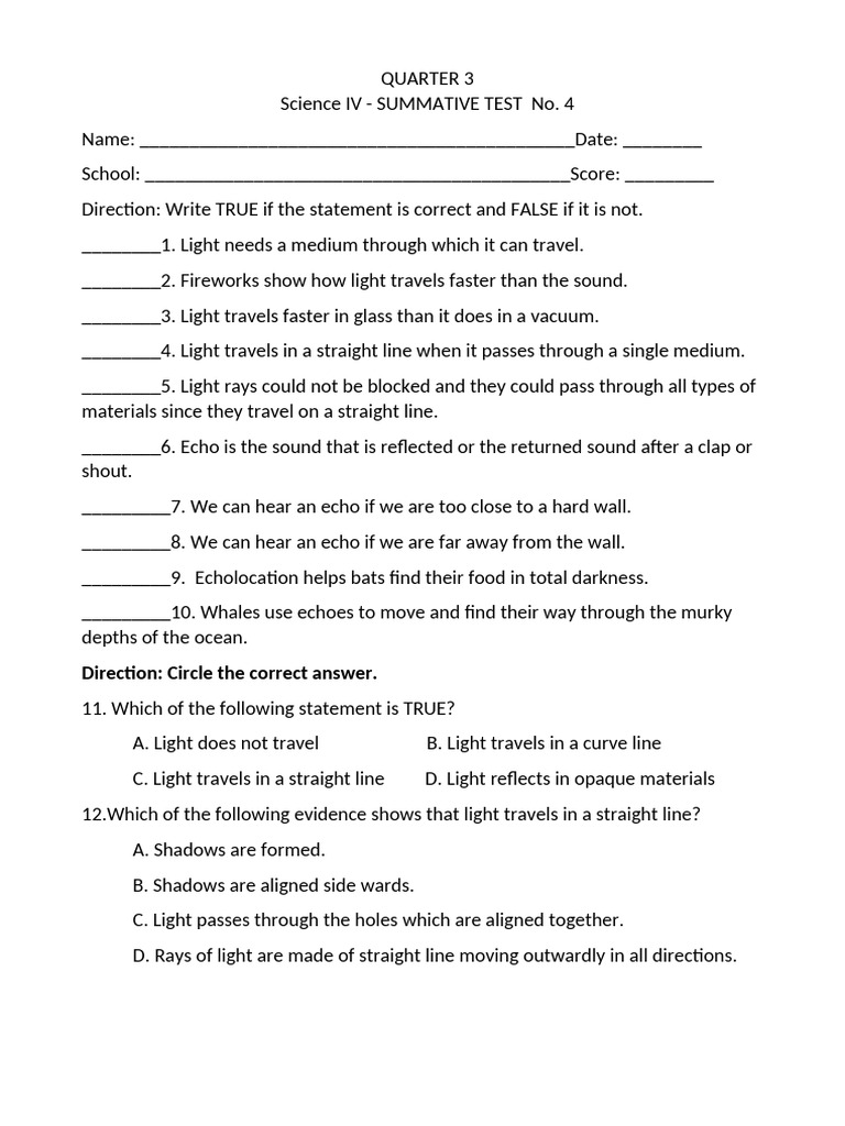 Science IV Q3 Summative Test on Light | PDF | Light | Physical Sciences