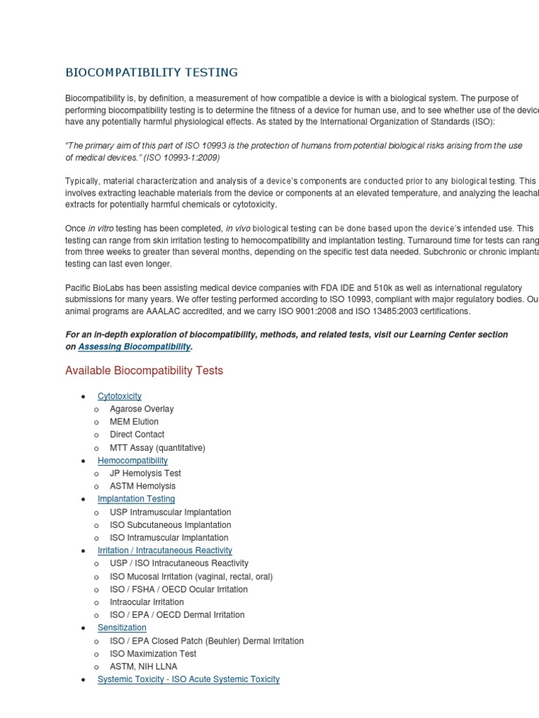 Biocompatibility Testing | PDF | Medical Device | Toxicity