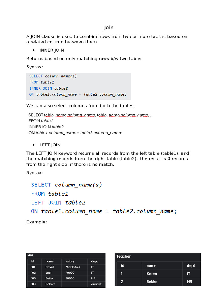 SQL JOIN Types Explained | PDF
