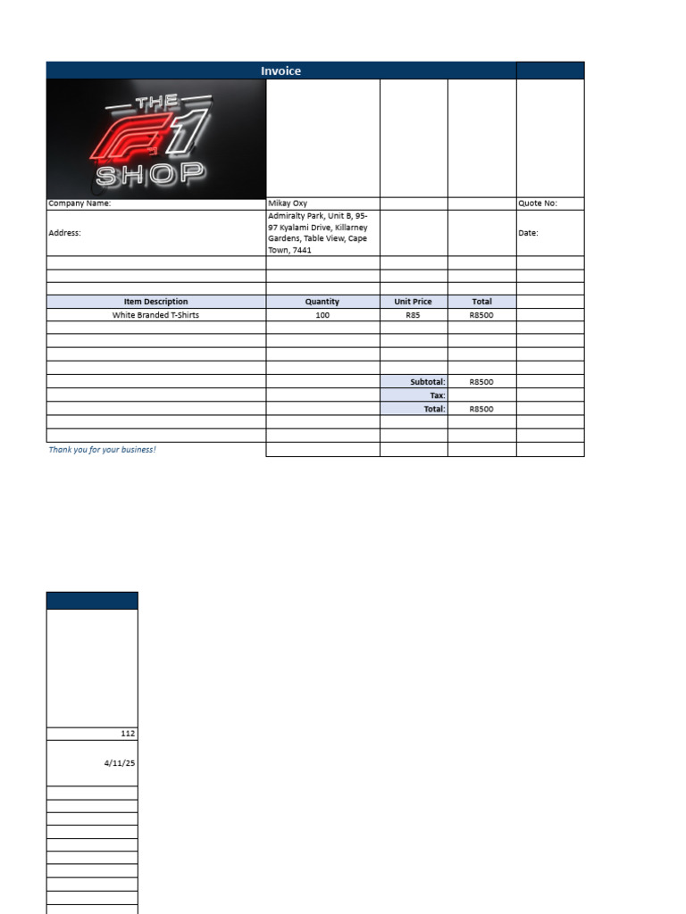 Invoice for White Branded T-Shirts | PDF
