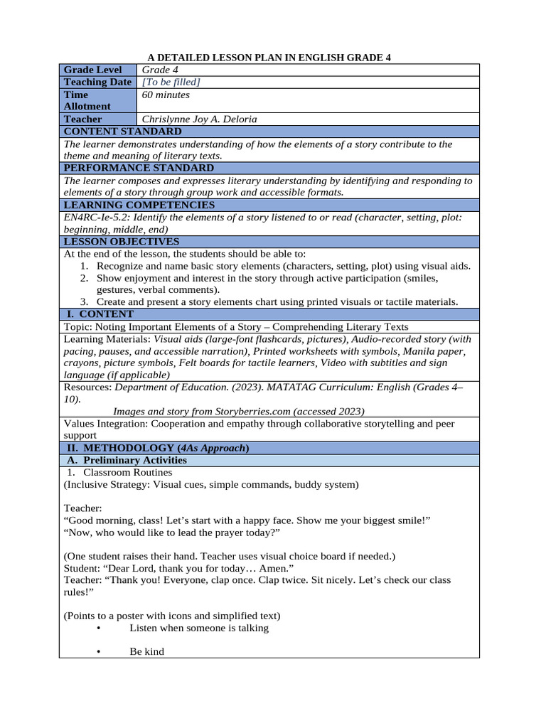 Grade 4 English Story Elements Lesson Plan | PDF | Lesson Plan ...