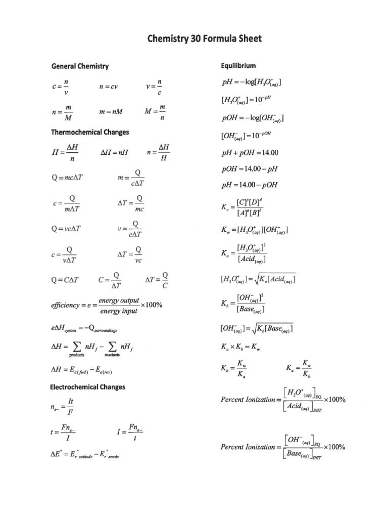 Chem 30 Formula Sheet | PDF