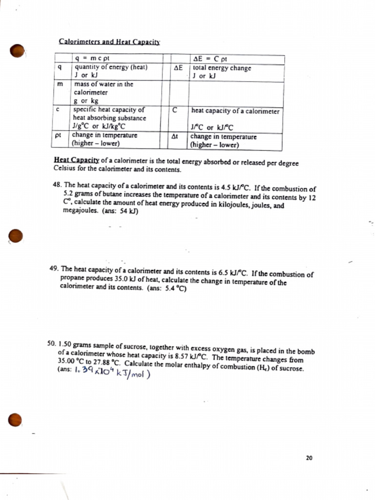Bomb Calorimetry Worksheet | PDF | Calorie | Heat