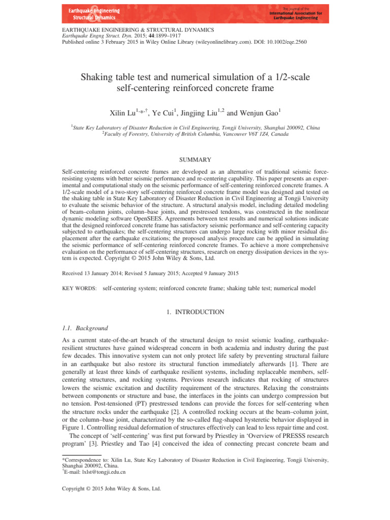 Shaking Table Test and Numerical Simulation of A Scaled Self Centering ...