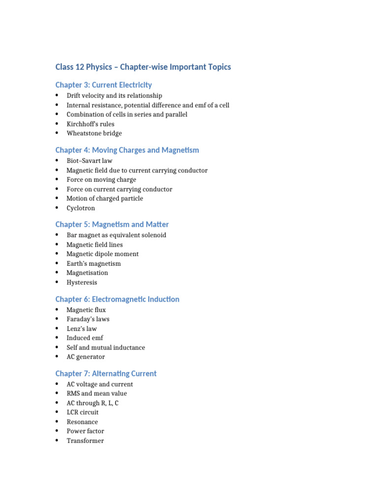 Class 12 Physics Key Topics Overview | PDF