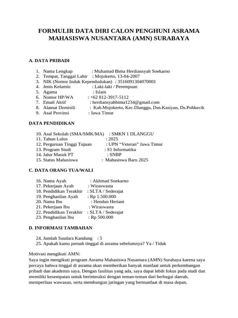 Formulir Data Diri Mahasiswa AMN Surabaya | PDF