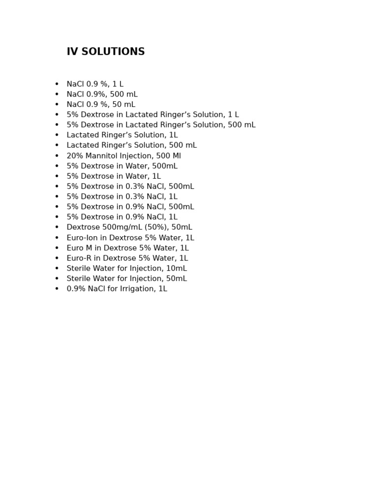 IV Solutions and Dextrose Injections List | PDF