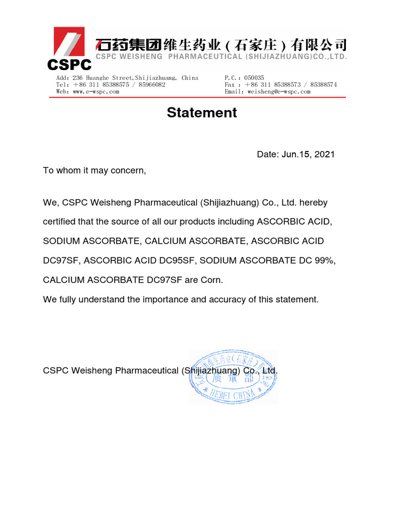 CSPC - Statement For Origin of RAW MATS | PDF