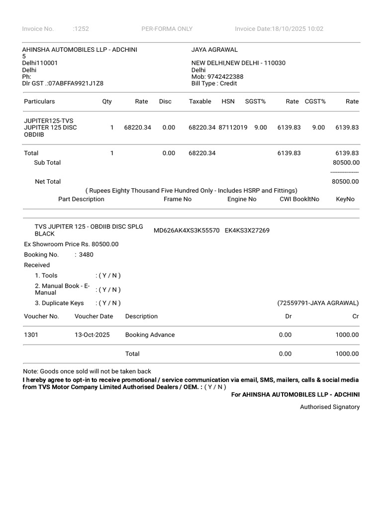 TVS Jupiter 125 Invoice Details | PDF | Sales | Economy Of India