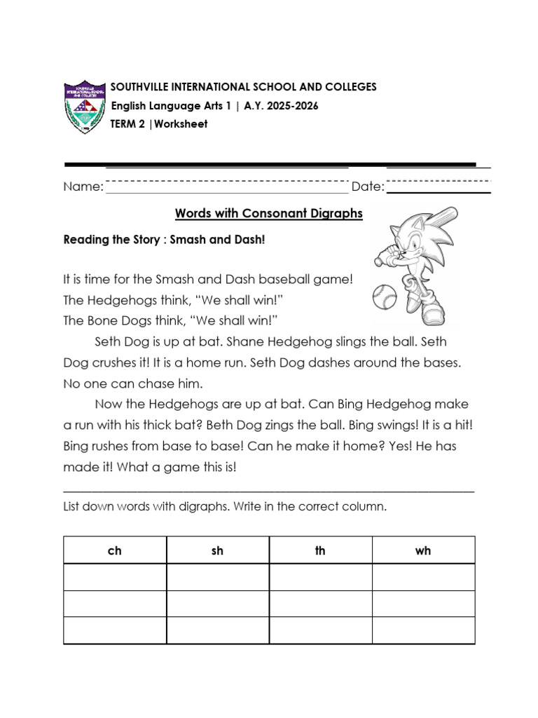 Consonant Digraph Story WS | PDF
