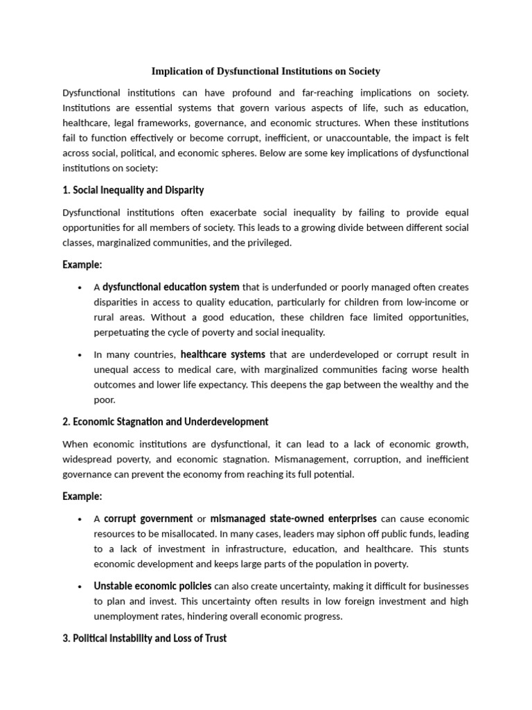 Implication of Dysfunctional Institutions On Society | PDF | Economic ...