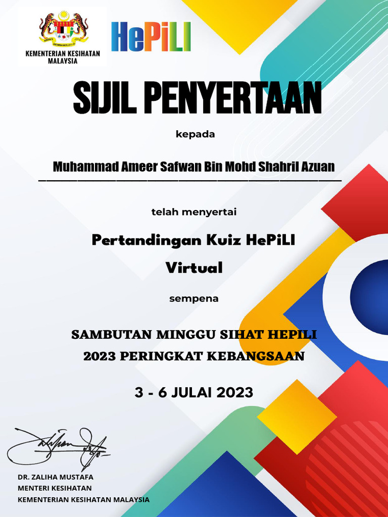 Sijil Penyertaan Pertandingan Kuiz Hepili Virtual 2023 | PDF
