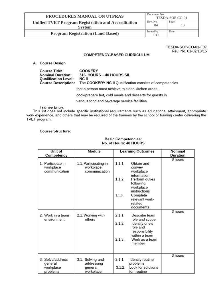 TESDA SOP CO 01 f07 - Competency Based Curriculum | PDF | Communication ...