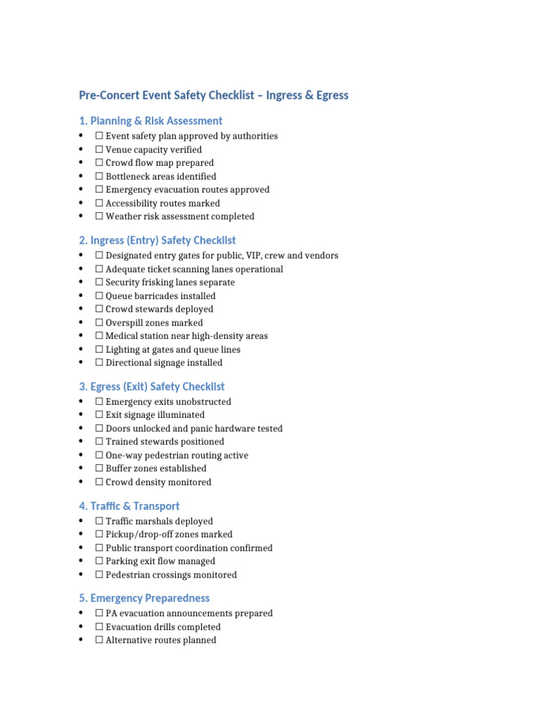 Pre-Concert Event Safety Checklist Ingress Egress | PDF