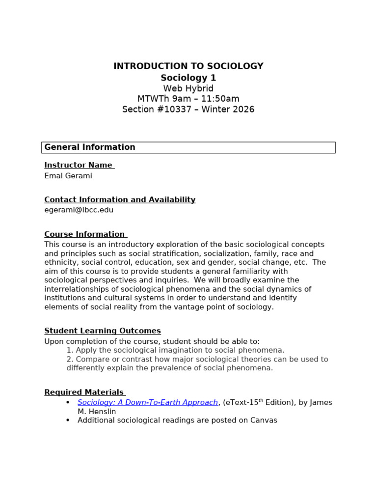 Soc 1 Syl Lab Us Winter 2026 | PDF | Sociology | Liberal Arts Education