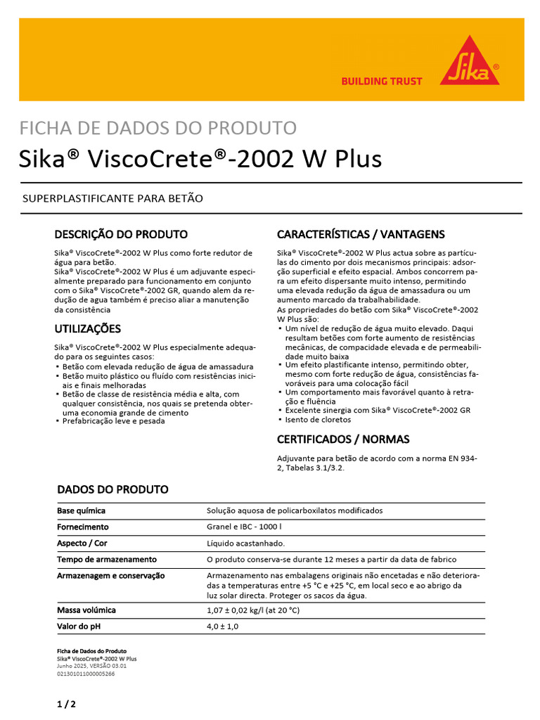 Superplastificante Sika® ViscoCrete®-2002 W Plus | PDF | Concreto
