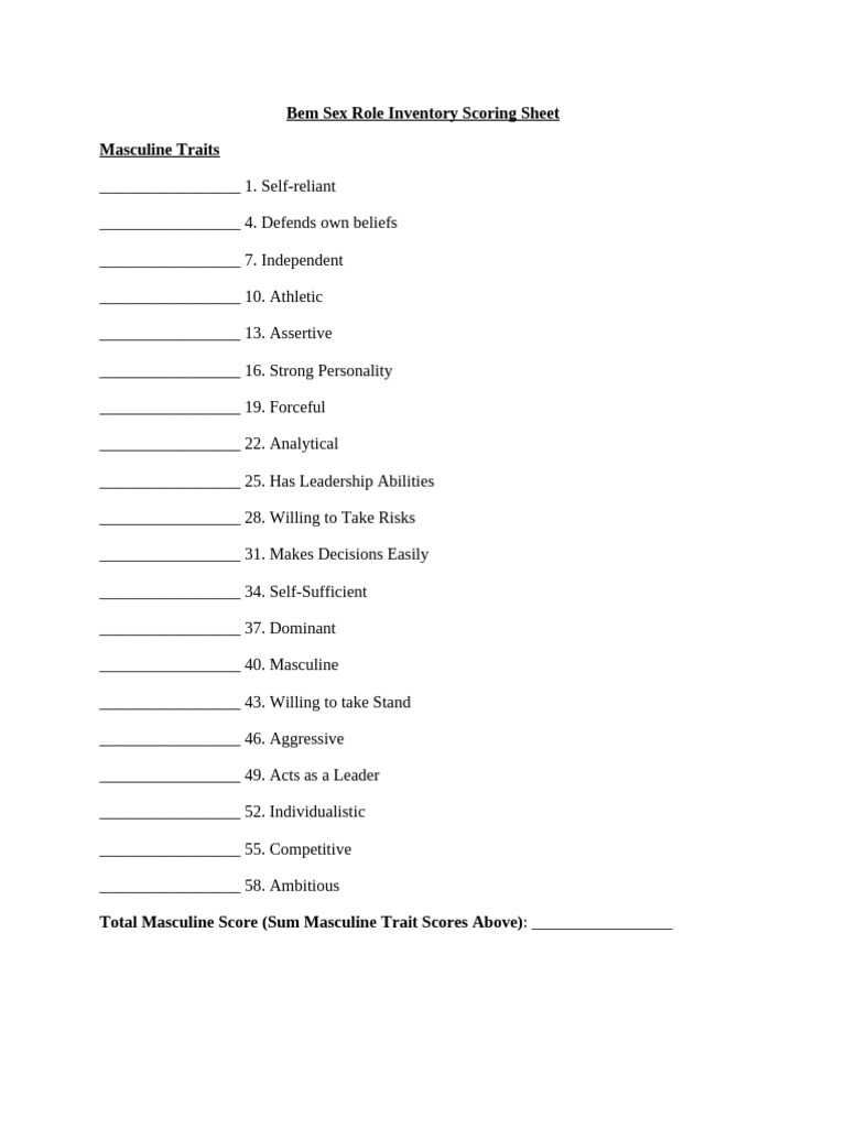 Bem Sex Role Inventory Scoring Guide | PDF