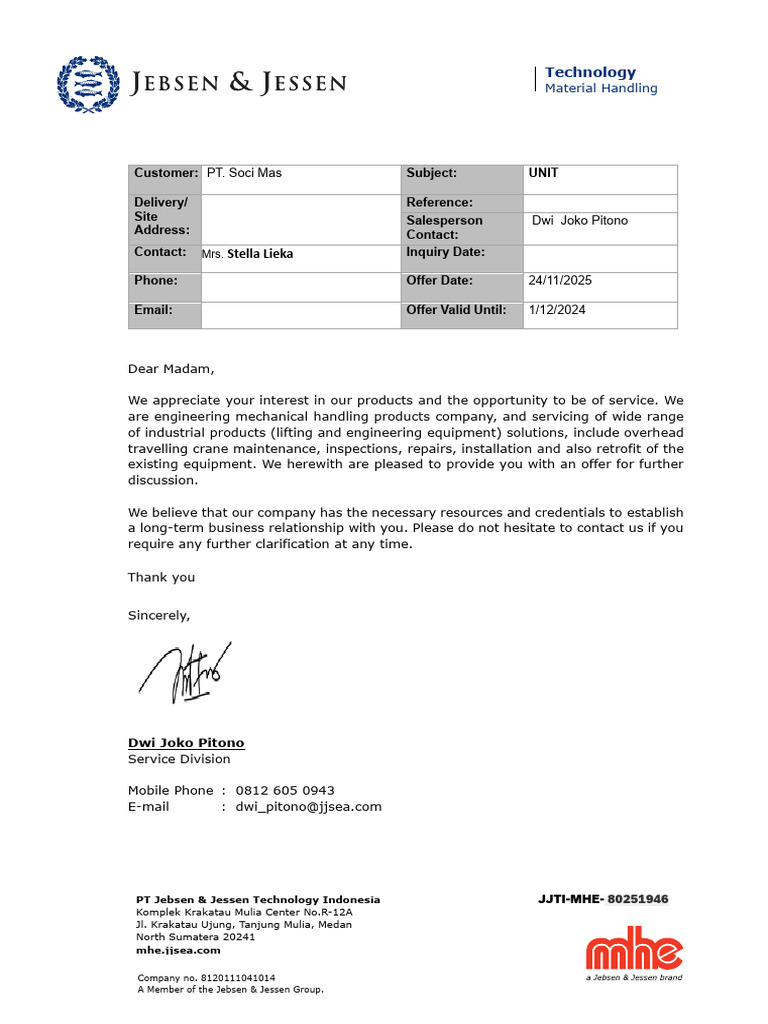 Jjti-Mhe - 80251946 Quotation Mhe-Jjti - PT - Soci Mas | PDF | Damages ...