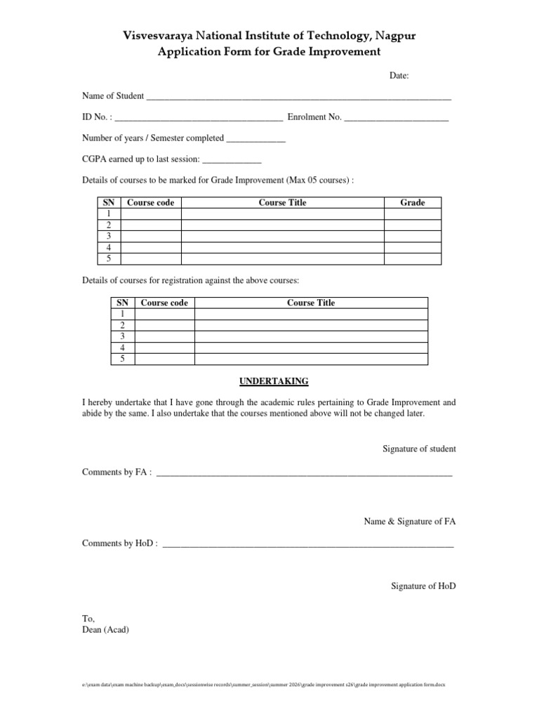 Grade Improvement Application Form S26 | PDF