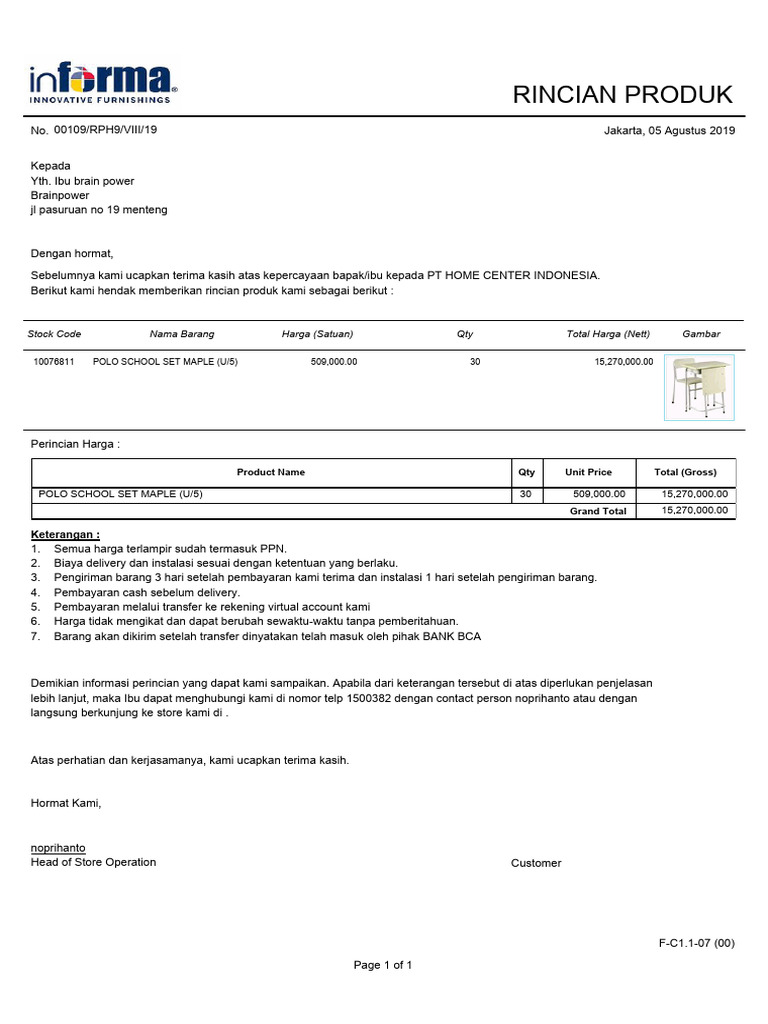Surat Penawaran Informa 00109RPH9VIII19 | PDF