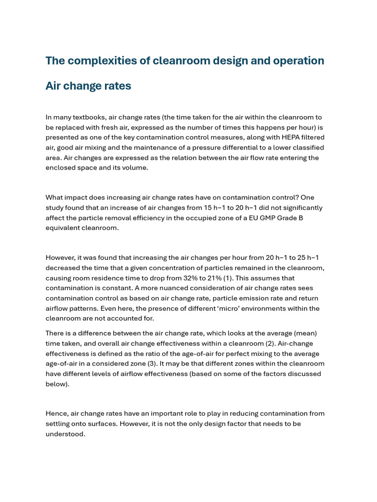 The Complexities of Cleanroom Design and Operation Air Change Rates ...