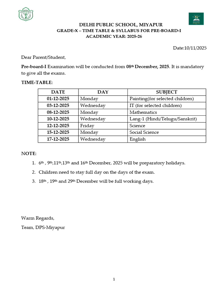 DPS Miyapur Grade X Pre-Board Timetable 2025 | PDF | Equations | Area