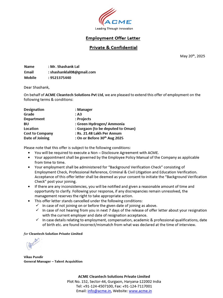 Shashank Lal - Offer Letter - 251224 - 120209 | PDF | Employment ...