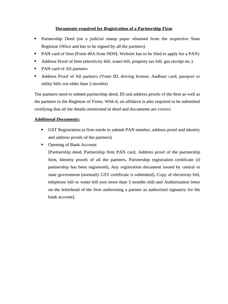 Documents Required For Registration of A Partnership Firm | PDF