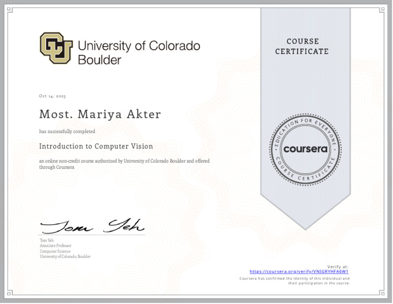 Introduction to Computer Vision Course Completion | PDF