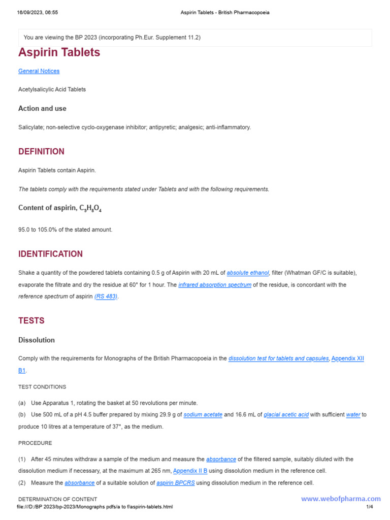 Aspirin Tablets Monograph Overview | PDF | Chromatography | Elution