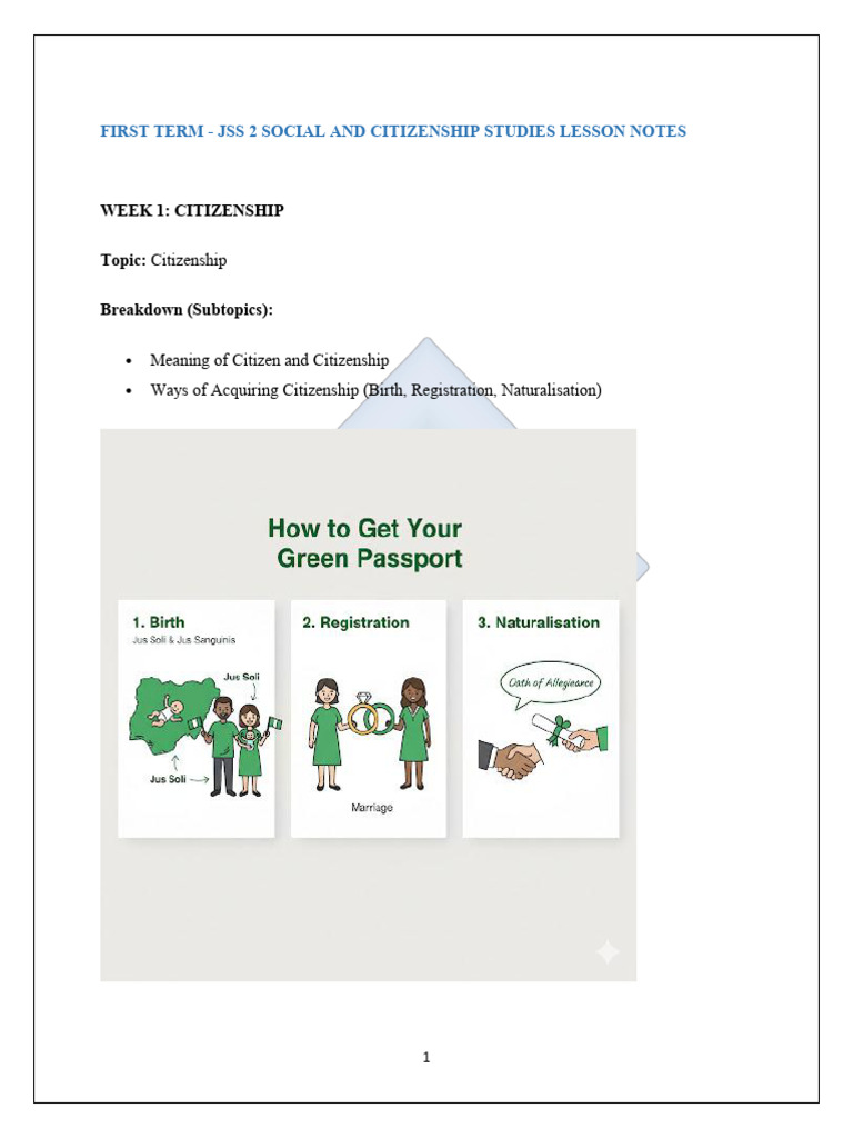 JSS 2 Citizenship Studies Notes | PDF | Human Trafficking | Citizenship