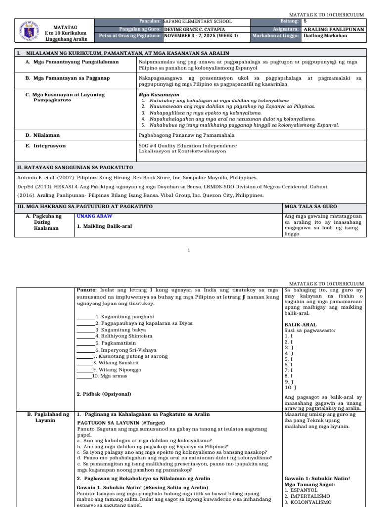 DLL Matatag - Ap 5 q3 w1 | PDF