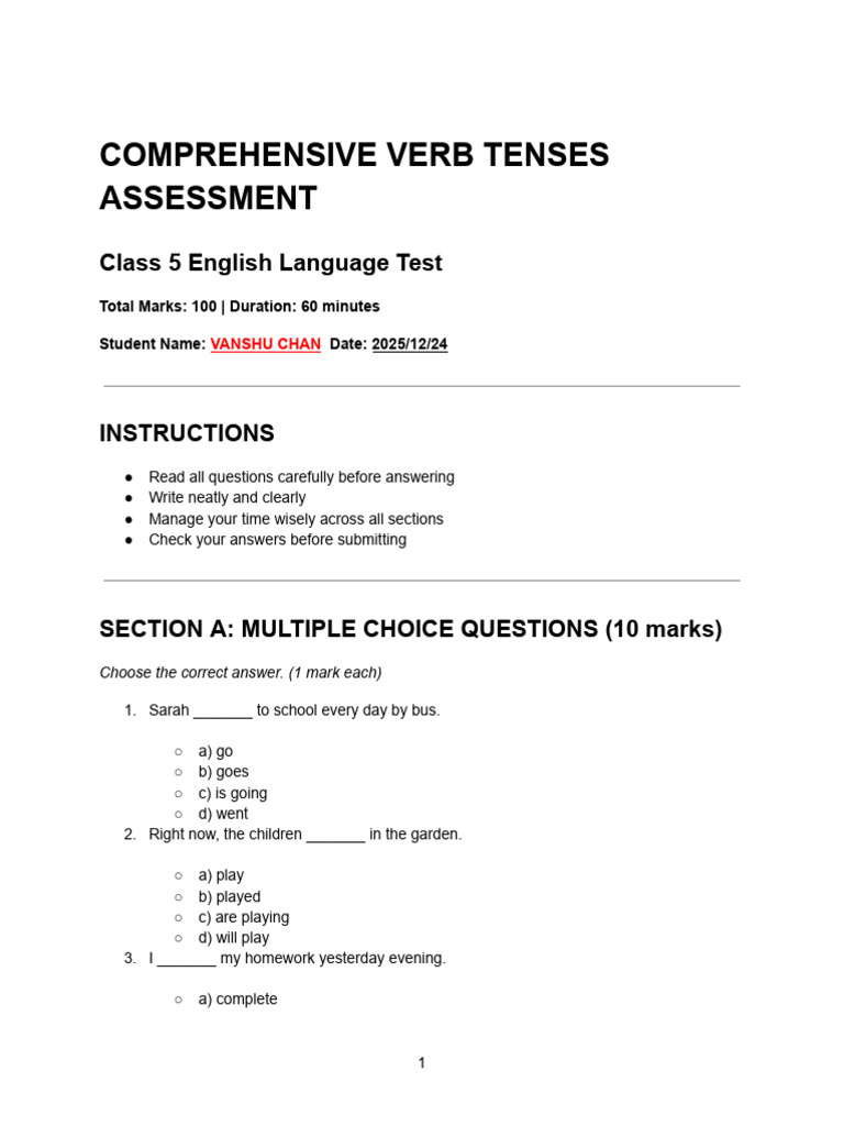 Class 5 Verb Tenses Assessment Test | PDF | Perfect (Grammar ...