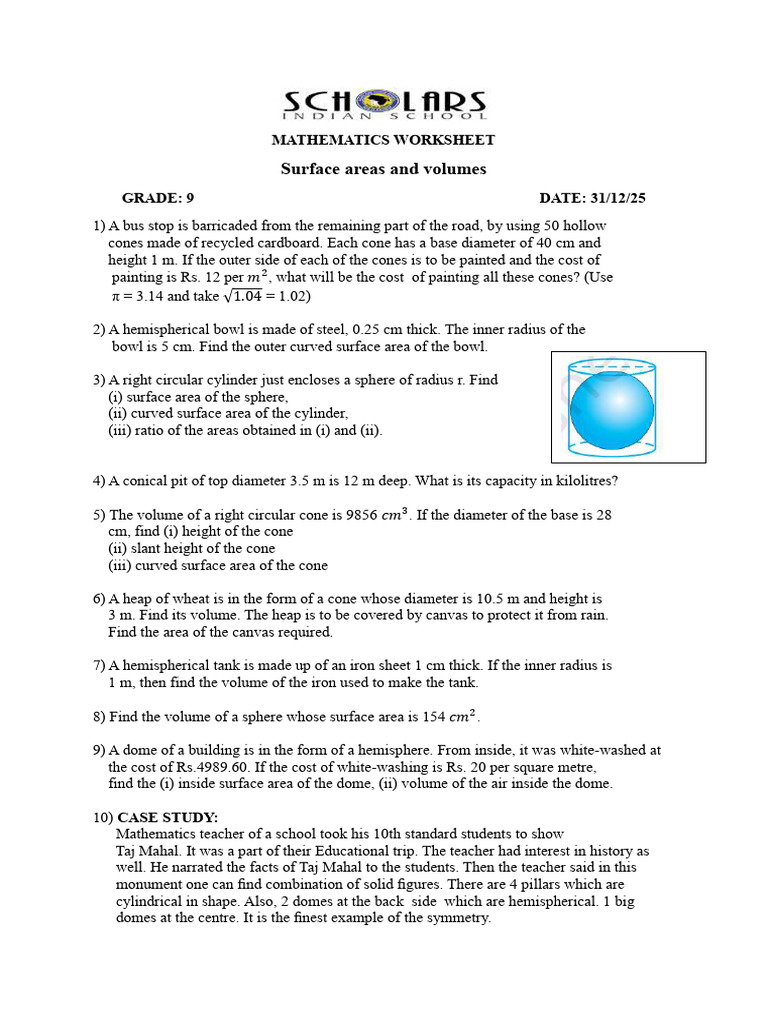 9iBRIj HMW 1767165470 Grade 9 Surface Areas and Volumes - Worksheet | PDF | Sphere | Area