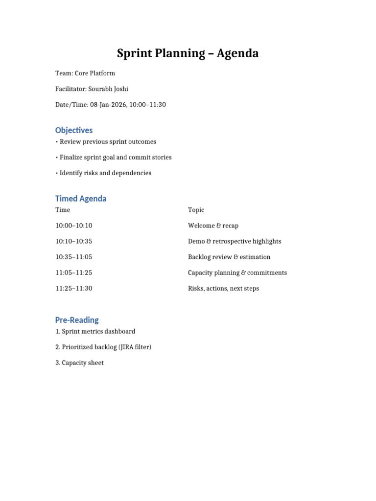 Sprint Planning Agenda for Core Platform | PDF