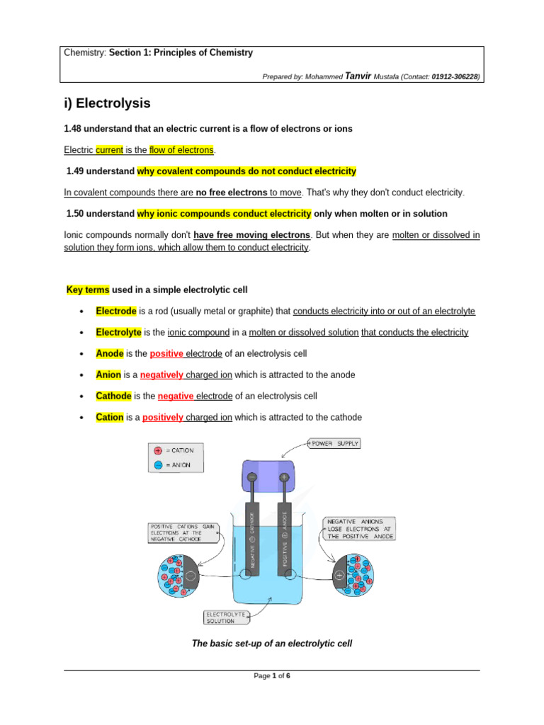 00 EdExcel Chemistry Section 1-I Electrolysis | PDF | Ion | Anode