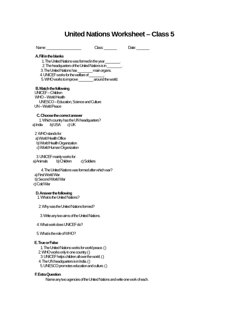 United Nations Worksheet for Class 5 | PDF