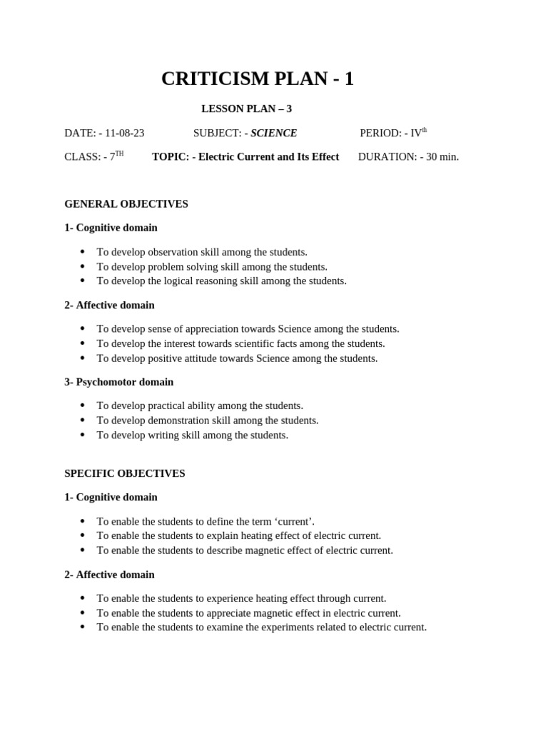 Electric Current Effects Lesson Plan | PDF