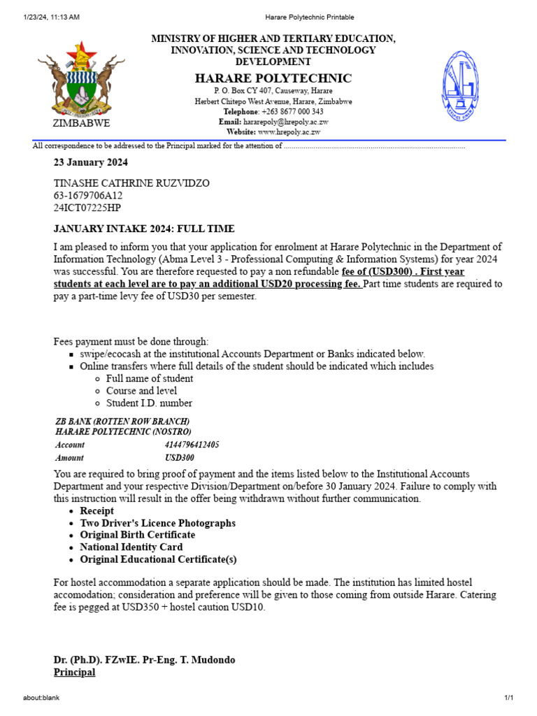 Harare Polytechnic January 2024 Enrollment Details | PDF | Payments